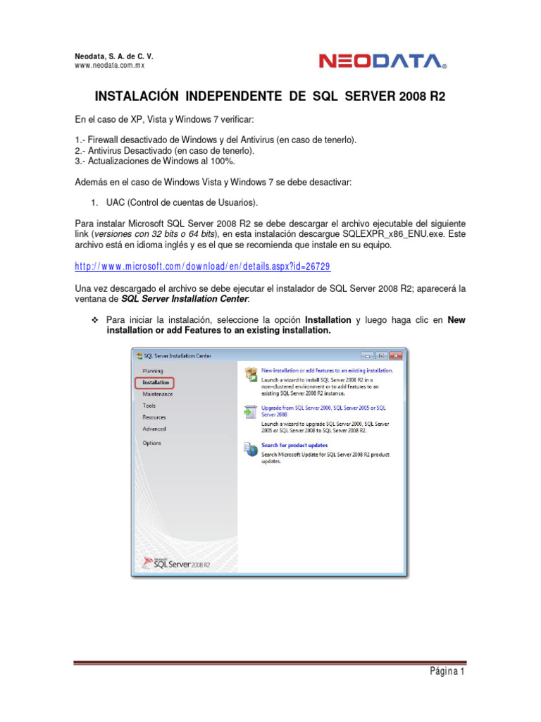 Instalación Independente de SQL Server 2008 R2: Installation or Add Features To An Existing ...