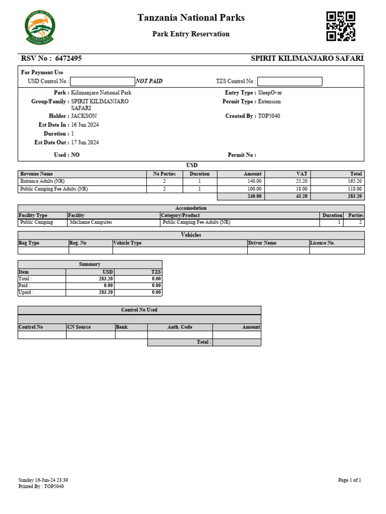 TANAPA Online Reservation Summary | PDF | Payments