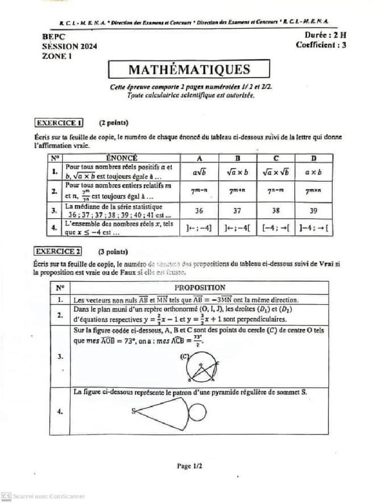 SUJET BEPC 2024 MATHEMATIQUES Zone 1 | PDF