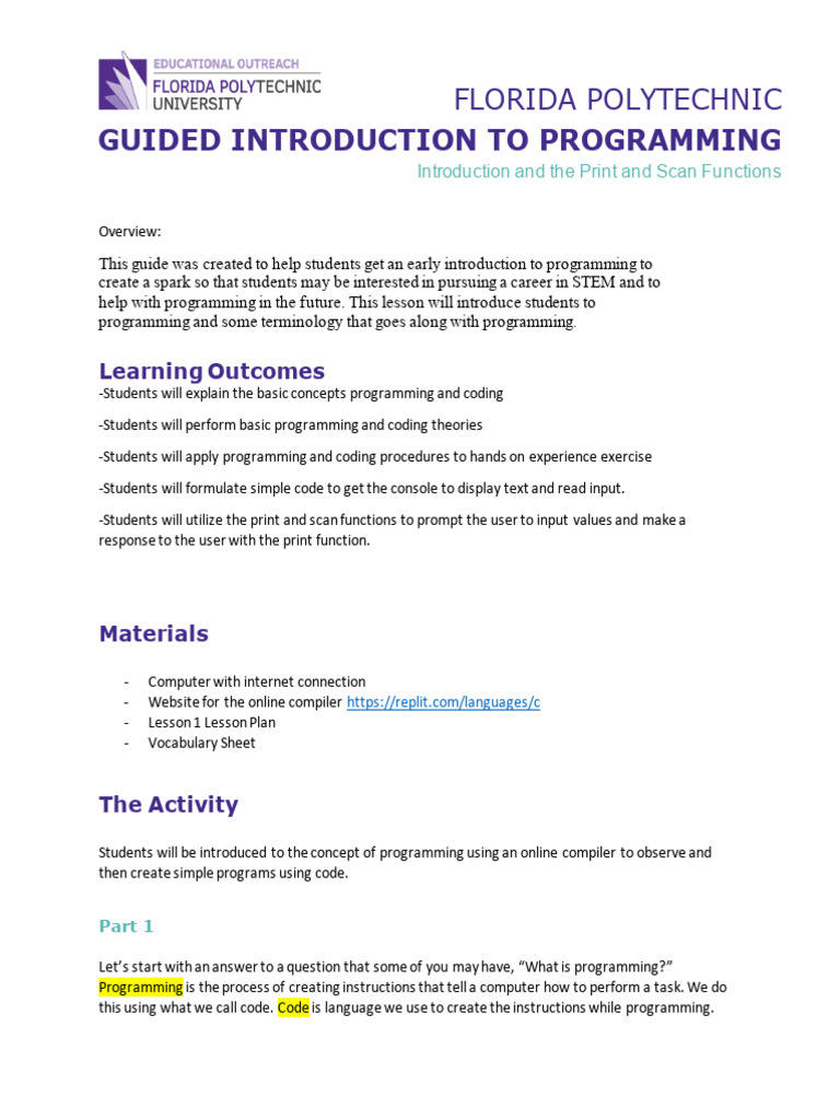 Programming Lesson Plan 1 | PDF | Computer Programming | Source Code Programming Lesson Plan 1 | PDF | Computer Programming | Source Code