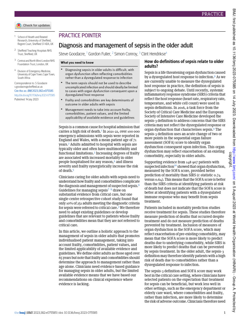Diagnosis and Management of Sepsis in The Older Adult: Practice Pointer | PDF | Sepsis | Comorbidity
