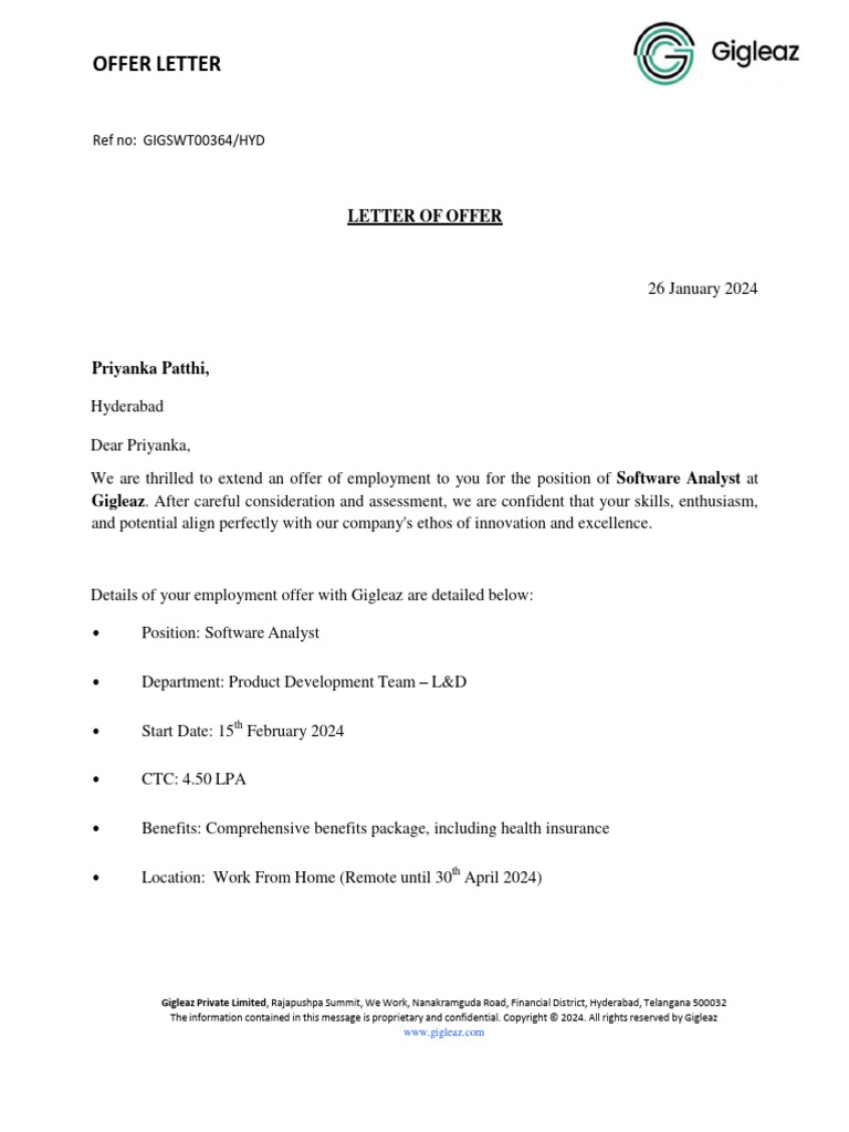 Priyanka Patthi Offer of Employment | PDF | Identity Document | Business