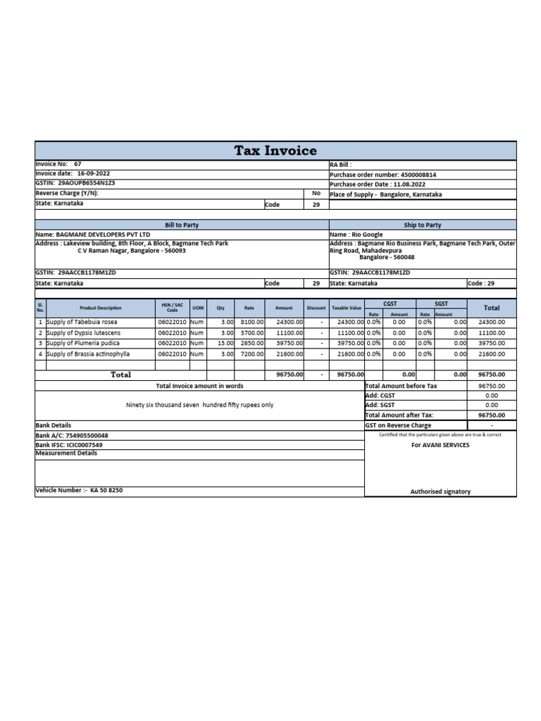 Tax Invoice for Plant Supplies - Bangalore | PDF | Public Finance ...