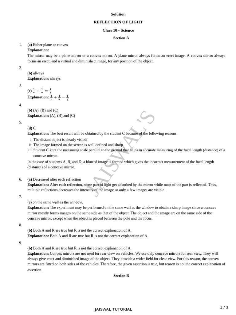 Class 10 Science: Light Reflection Guide | PDF | Mirror | Glass ...