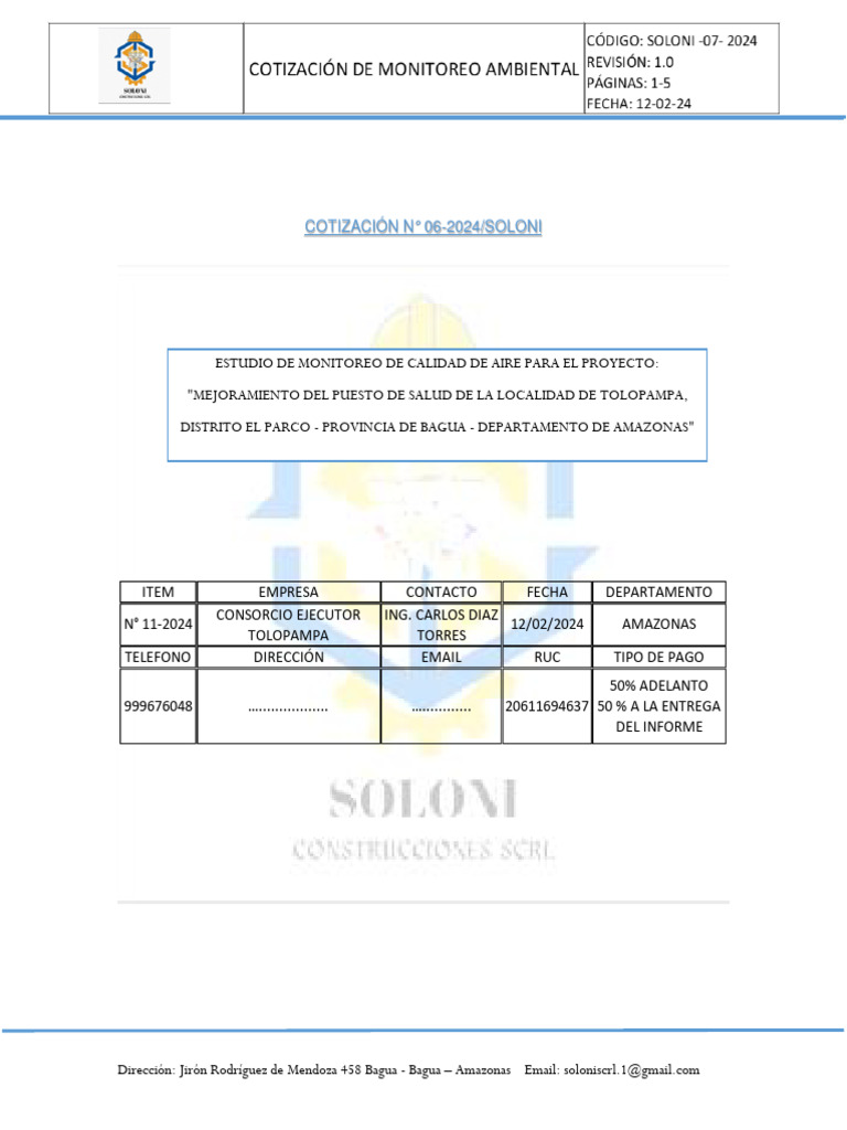 PRESENTACIÓN DE OFERTA TÉCNICA Y ECONÓMICA SOLONI CONSTRUCCIONES SCRL | PDF