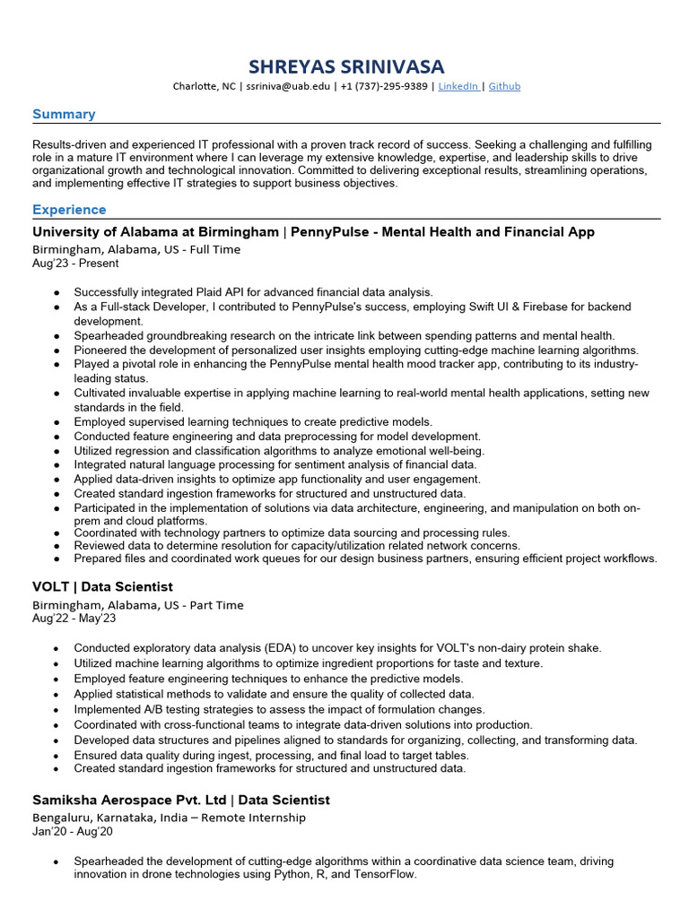 Shreyas Srinivasa 2024 Resume | PDF | Data Science | Machine Learning
