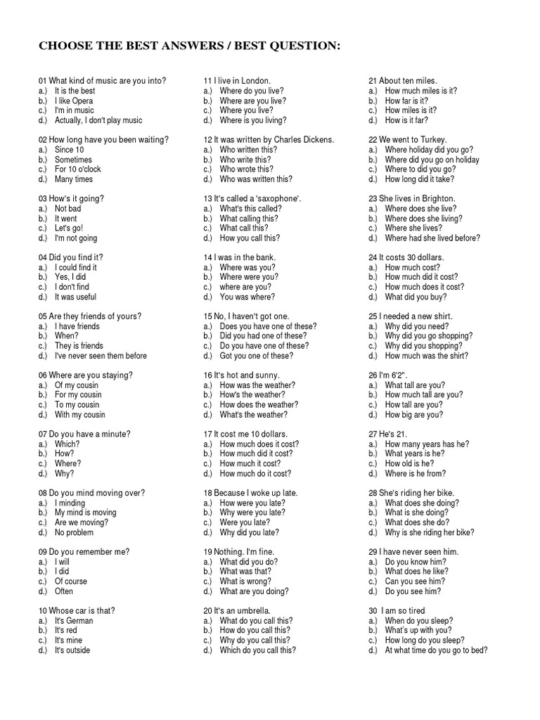 Choose The BEST Answers - BEST Question | PDF