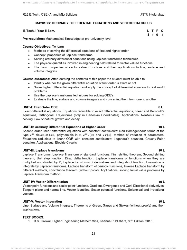 ODE&VC Syllabus | PDF | Equations | Ordinary Differential Equation