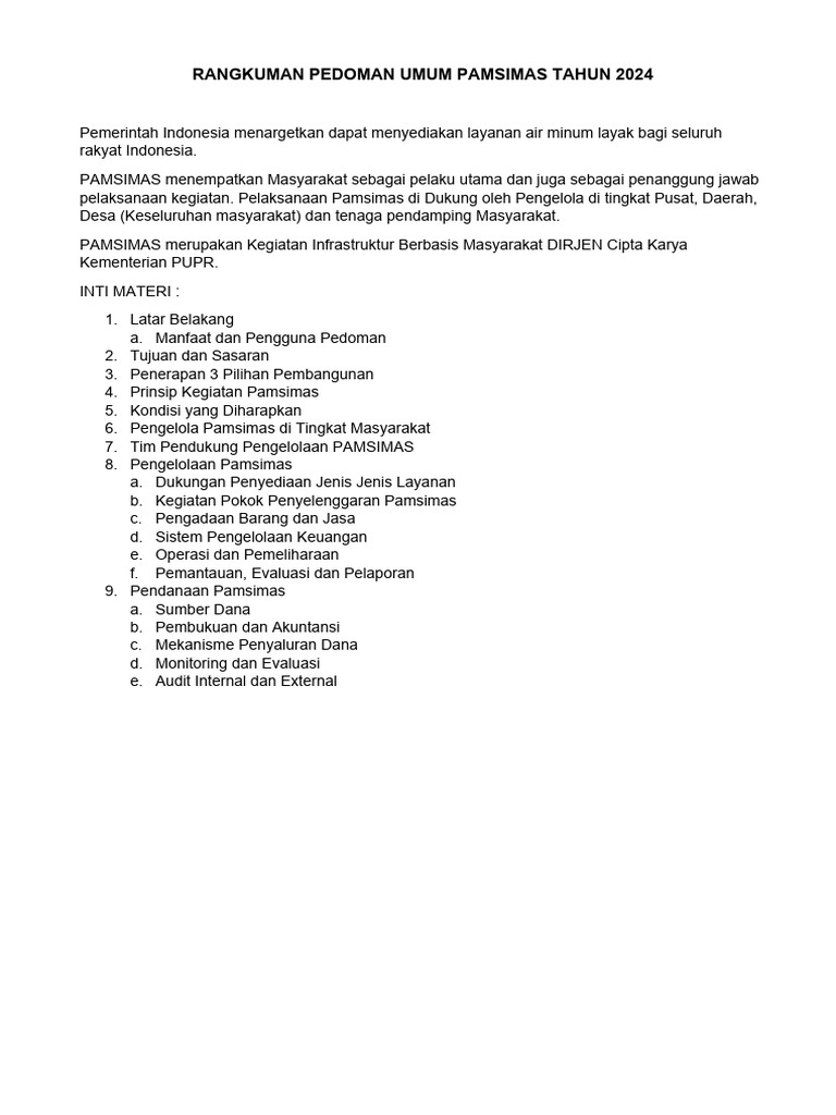 Rangkuman Pedoman Umum Pamsimas Tahun 2024 | PDF