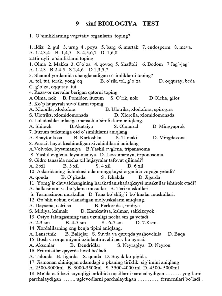 9 Sinf Biologiya Fanidan Testlar 7 | PDF