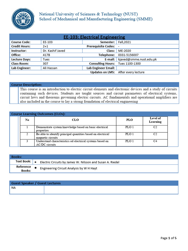 Course Outline-EE-201 Electrical Engineering | Download Free PDF | Voltage | Series And Parallel ...