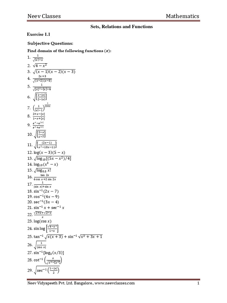 SasVbc5wzs Class 11 Sets Relations Functions Assignment | PDF | Functions And Mappings ...