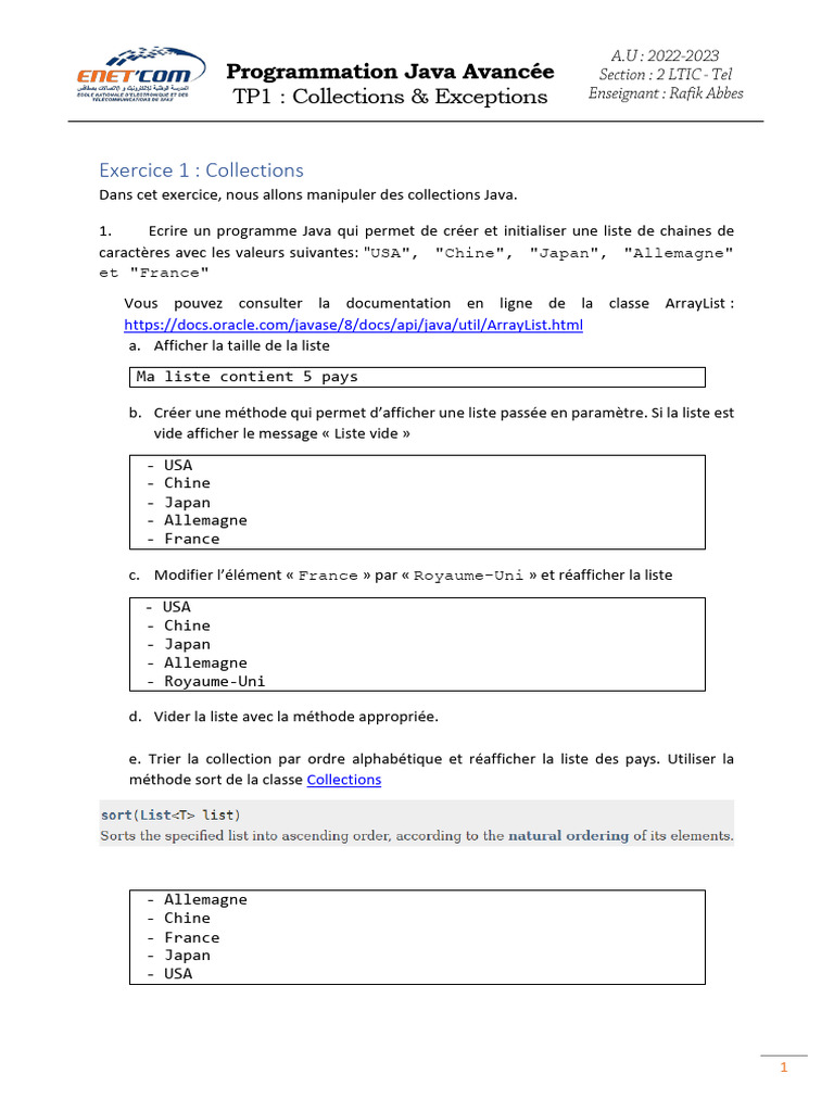 2023 JavaEE TP1 Collections Exceptions | PDF | Java (Langage de programmation) | Génie logiciel