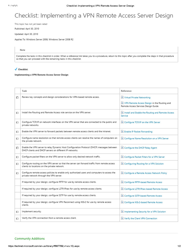 Checklist Implementing A Vpn Remote Access Server Design Pdf Virtual Private Network 