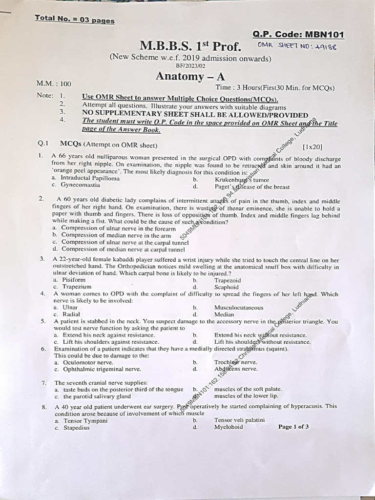 Anatomy Exam Paper for M.B.B.S. 1st Prof. | PDF | Human Anatomy ...