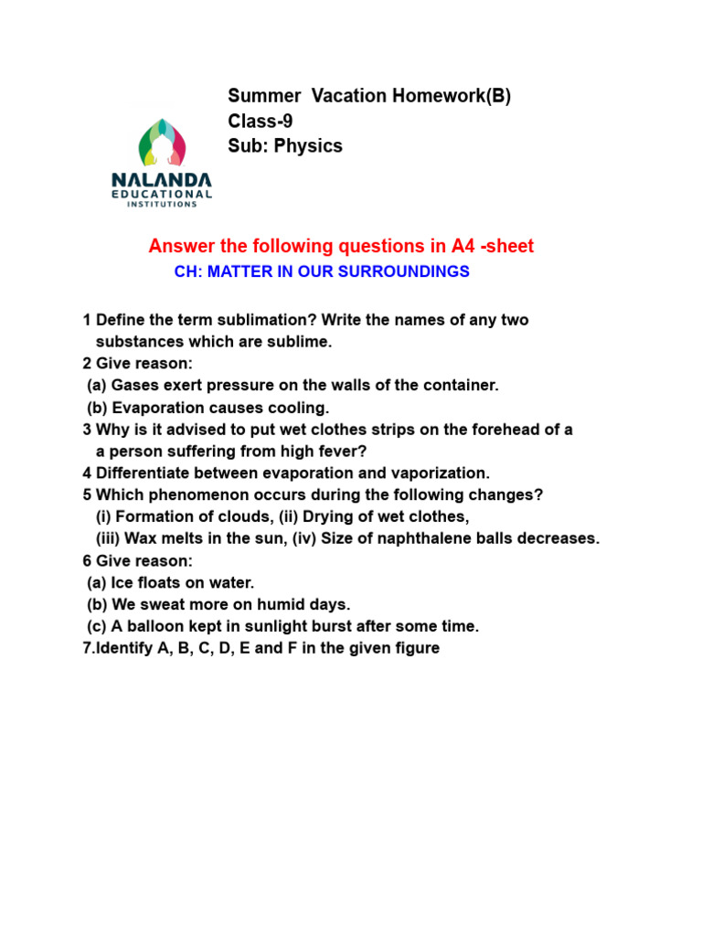 Class 9 Summer Holidays Homework (B) (24 25) | PDF | Science & Mathematics