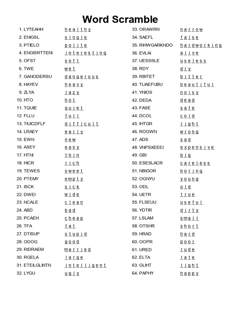 Adjectives - Word Scramble Difficult - Incl Key | PDF