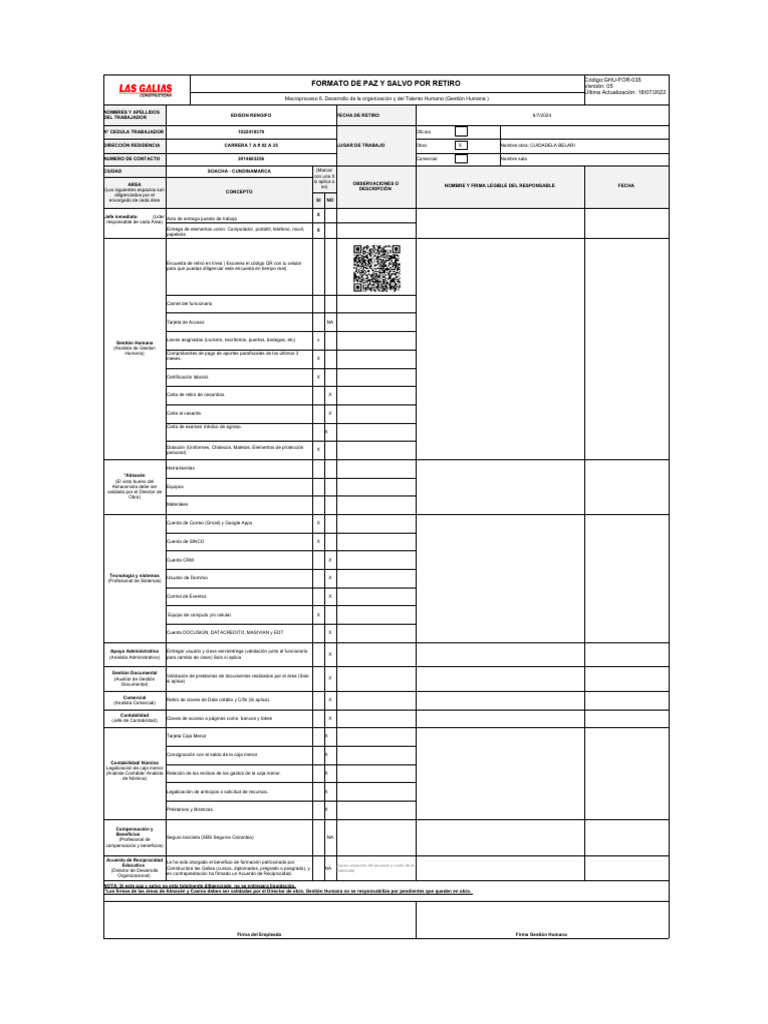 GHU-For-035 Paz y Salvo Retiro de Personal - Xlsx-Actualizado | PDF | Contabilidad