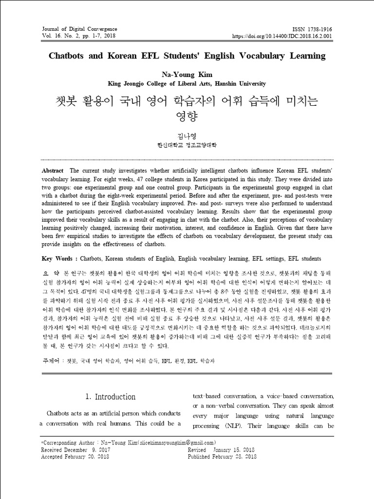Chatbots and Korean EFL Students' English Vocabulary Learning | PDF ...