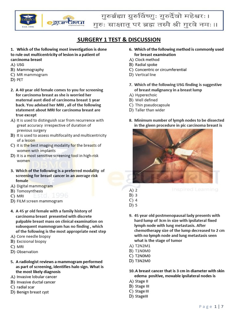 Dbmci T&D Paper Surgery Part 1 | PDF | Breast Cancer | Mammography
