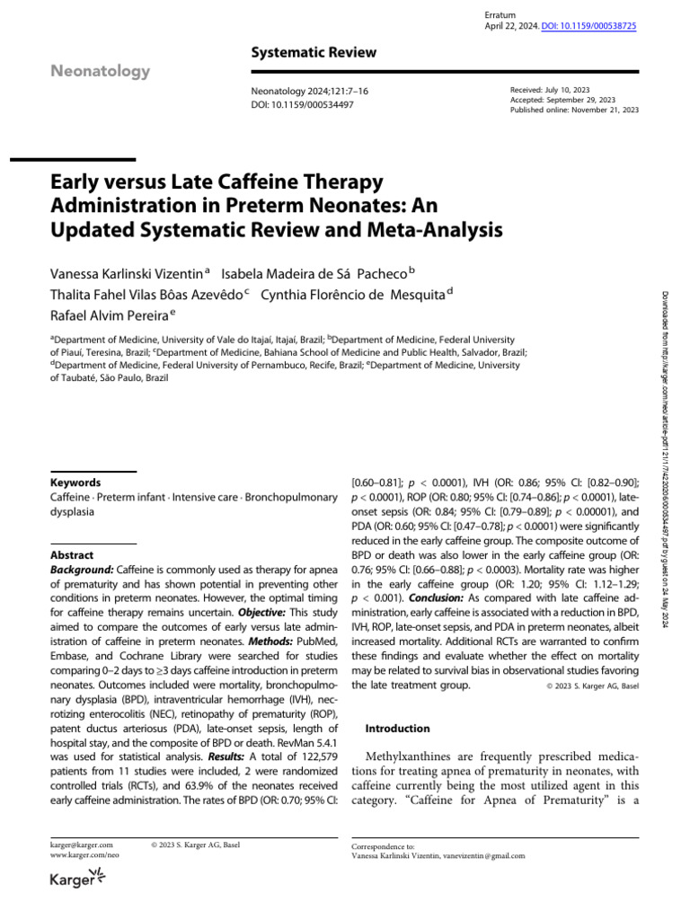 Early Versus Late Caffeine Therapy Administration in Preterm Neonates ...