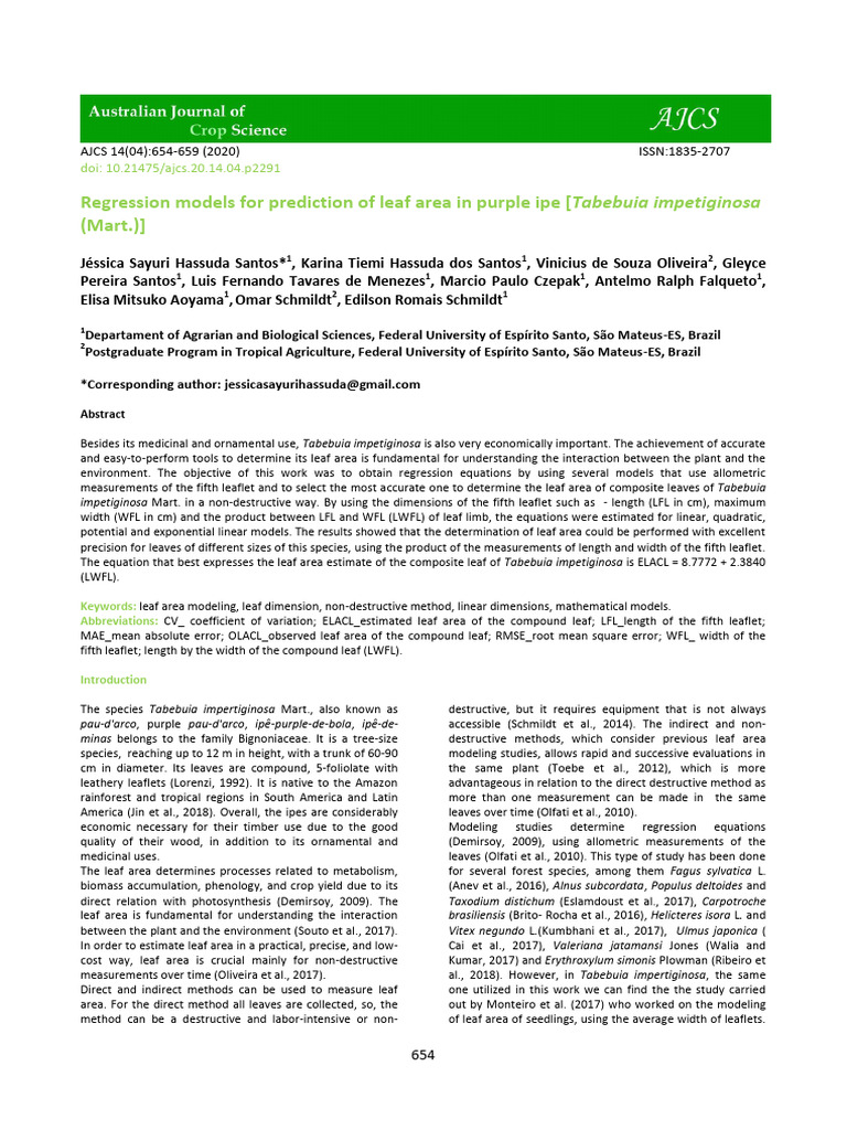 2020 - Regression Models For Prediction of Leaf Area in Purple Ipe | PDF | Regression Analysis ...
