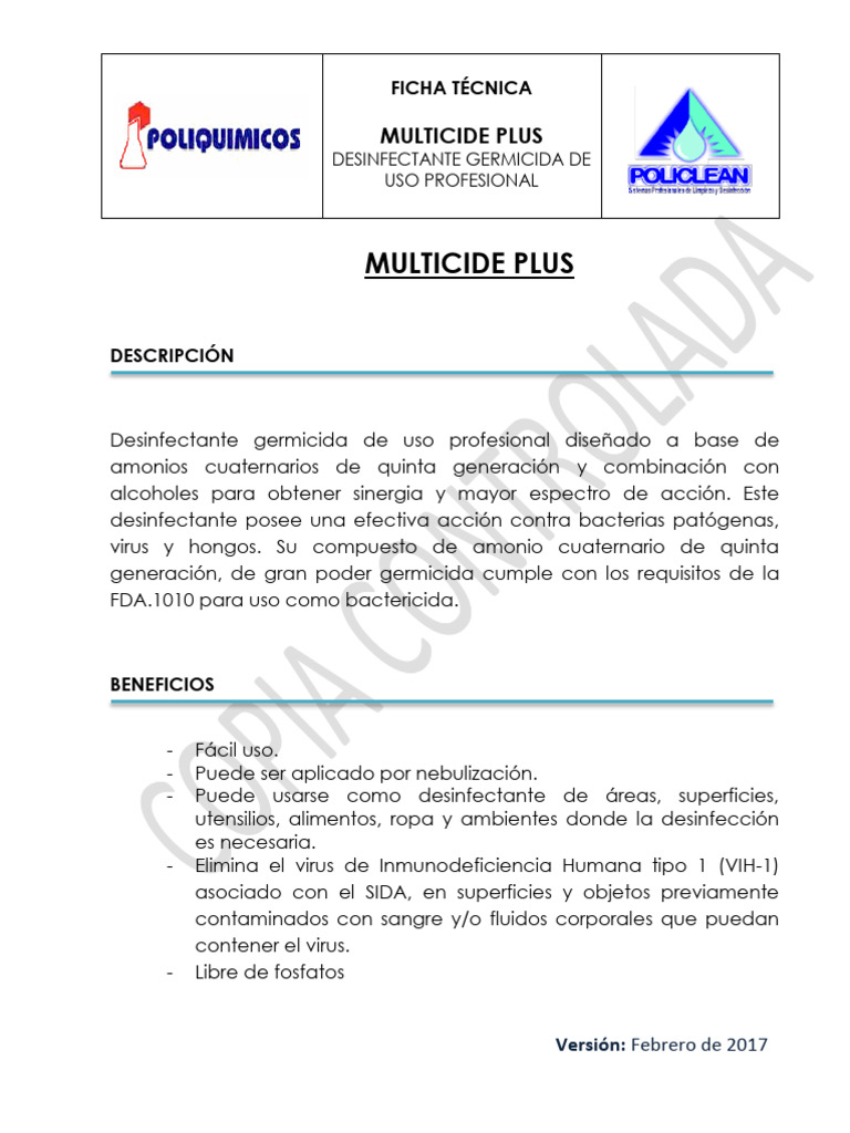 Multicide (Ficha Tecnica) | PDF | Alimentos | Agua