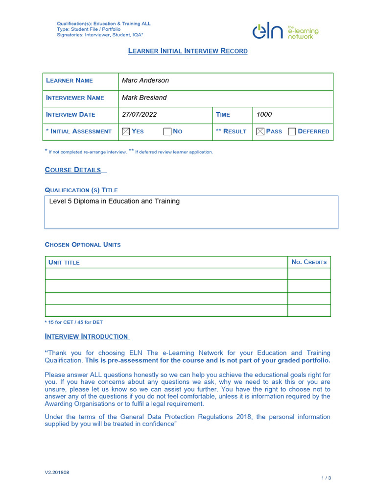 Initial Interview Record - MA | PDF