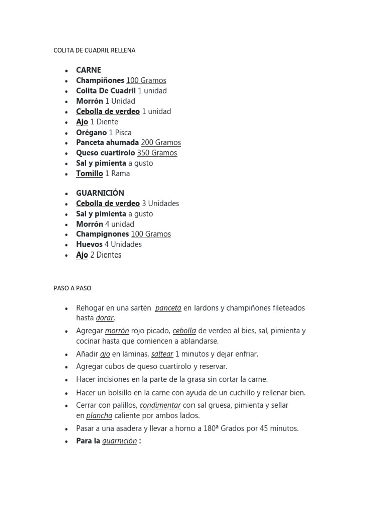 Colita de Cuadril Rellena y Guarnición | PDF