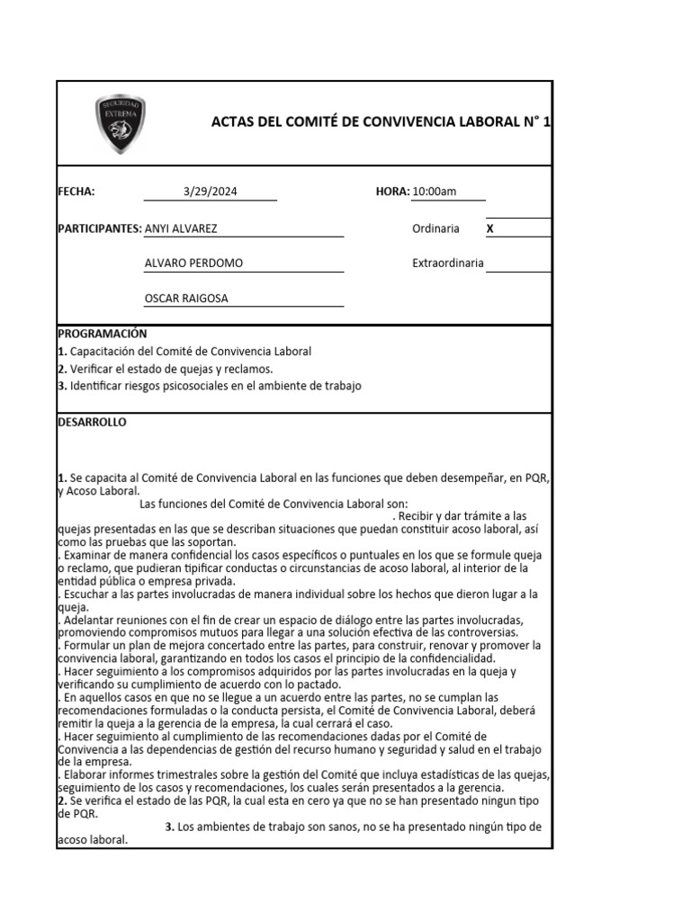 Acta Del Comité de Convivencia 2024-Marzo | PDF