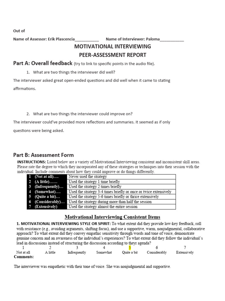 Motivational Interviewing Peer Assessment 1 Pdf Cognitive Science Behavior Modification