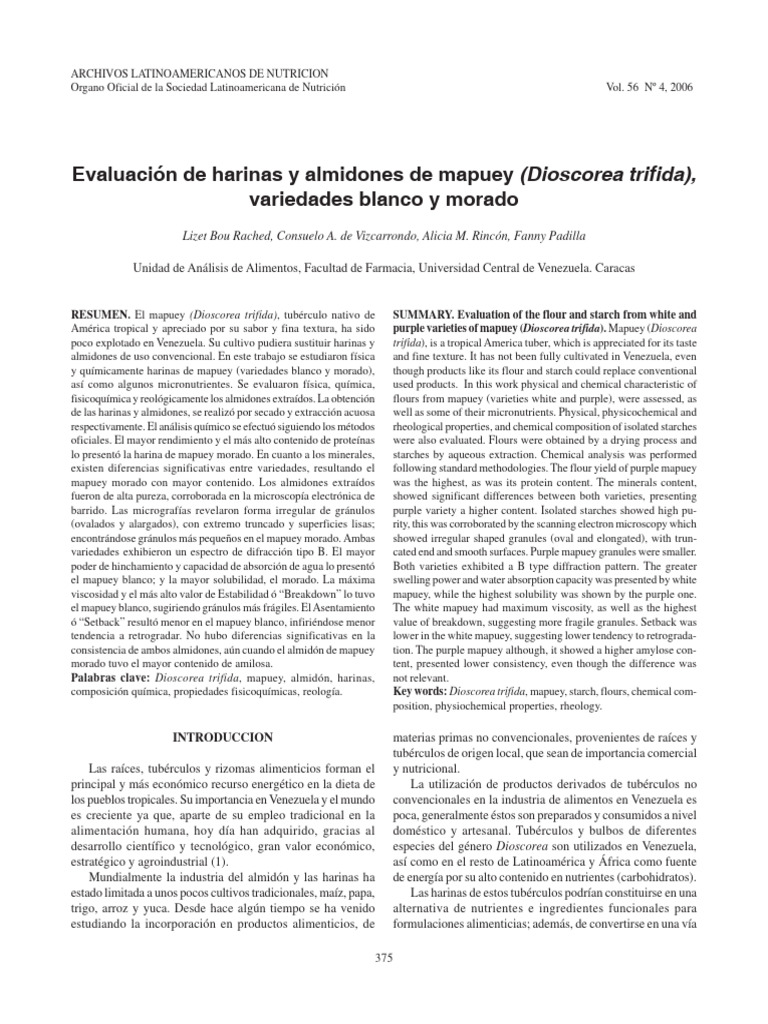Evaluación de Harinas y Almidones de Mapuey | PDF | Alimentos | Patata