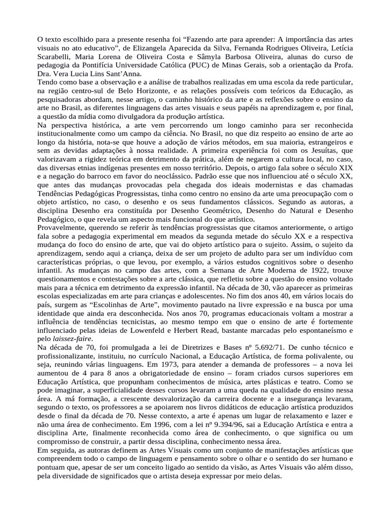 Resenha do artigo "Fazendo arte para aprender: A importância das artes ...