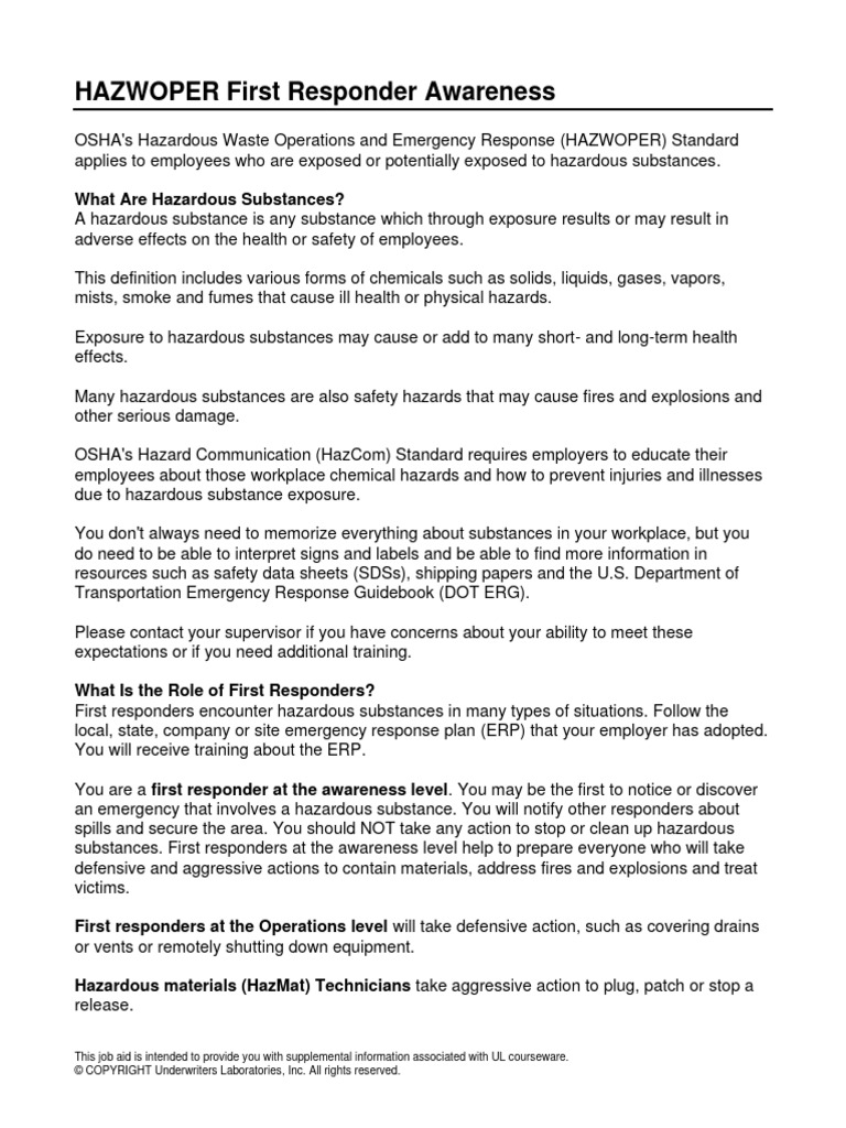 HAZWOPER First Responder Awareness US Job Aid PS5-103070 | PDF ...