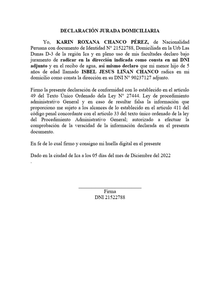 Declaración Jurada Domiciliaria | PDF | Documento de identidad | Gobierno y personalidad