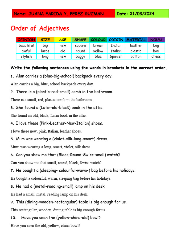 Order of Adjectives in English | PDF | Adjective | Clothing