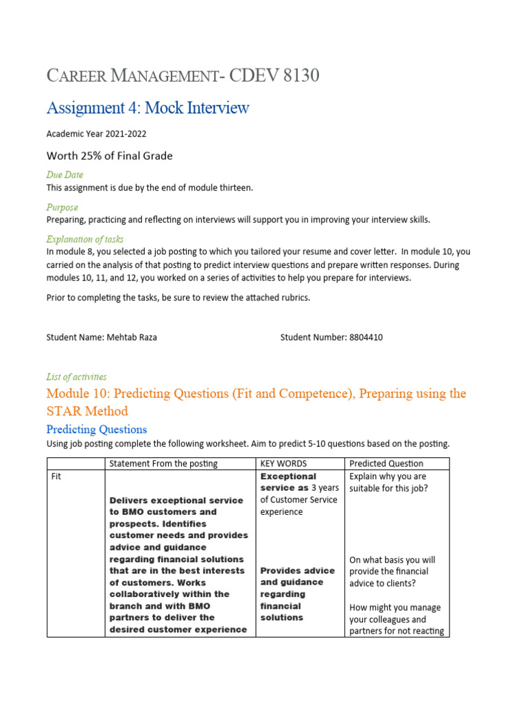 CDEV8130 Career Management Assignment 4 - Mock Interview | PDF | Banks | Experience