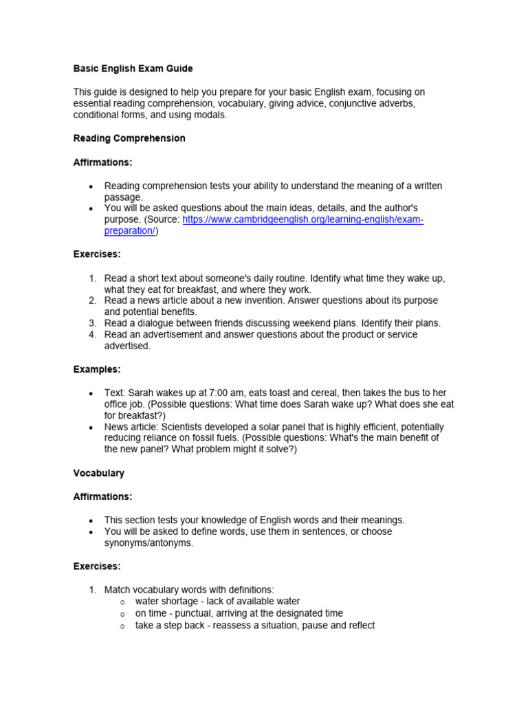 Basic English Exam Guide | PDF | Reading Comprehension | Linguistic ...