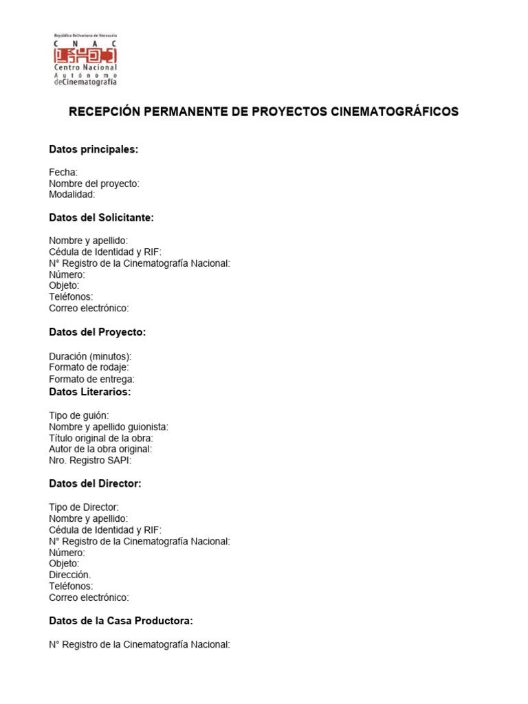 Planilla de presentación proyecto en el CNAC | PDF