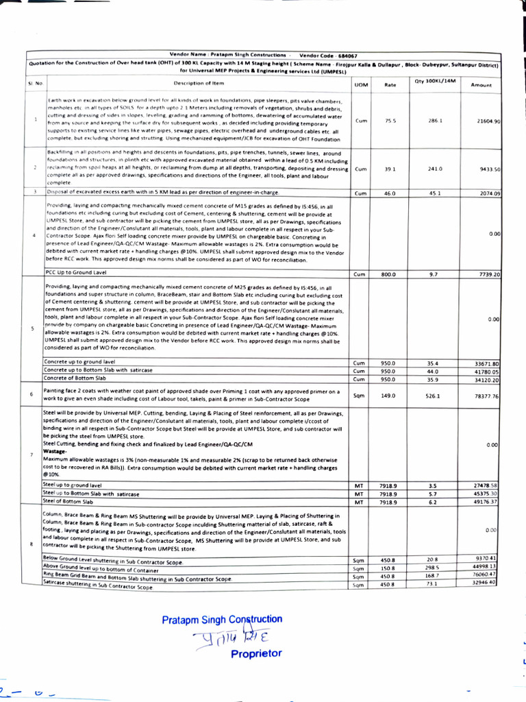 RFQ Pratapam Singh Construction OHT 300KL-14M | PDF | Concrete | Cement
