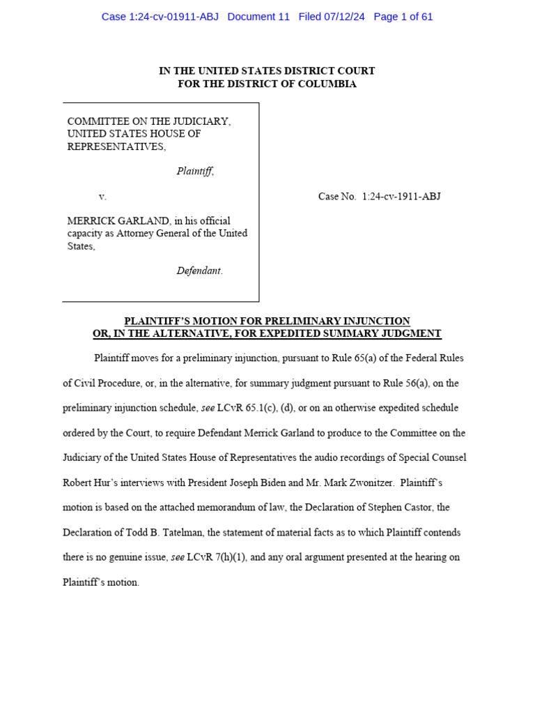 Judiciary v. Garland - PLAINTIFF’S MOTION FOR PRELIMINARY INJUNCTION OR ...