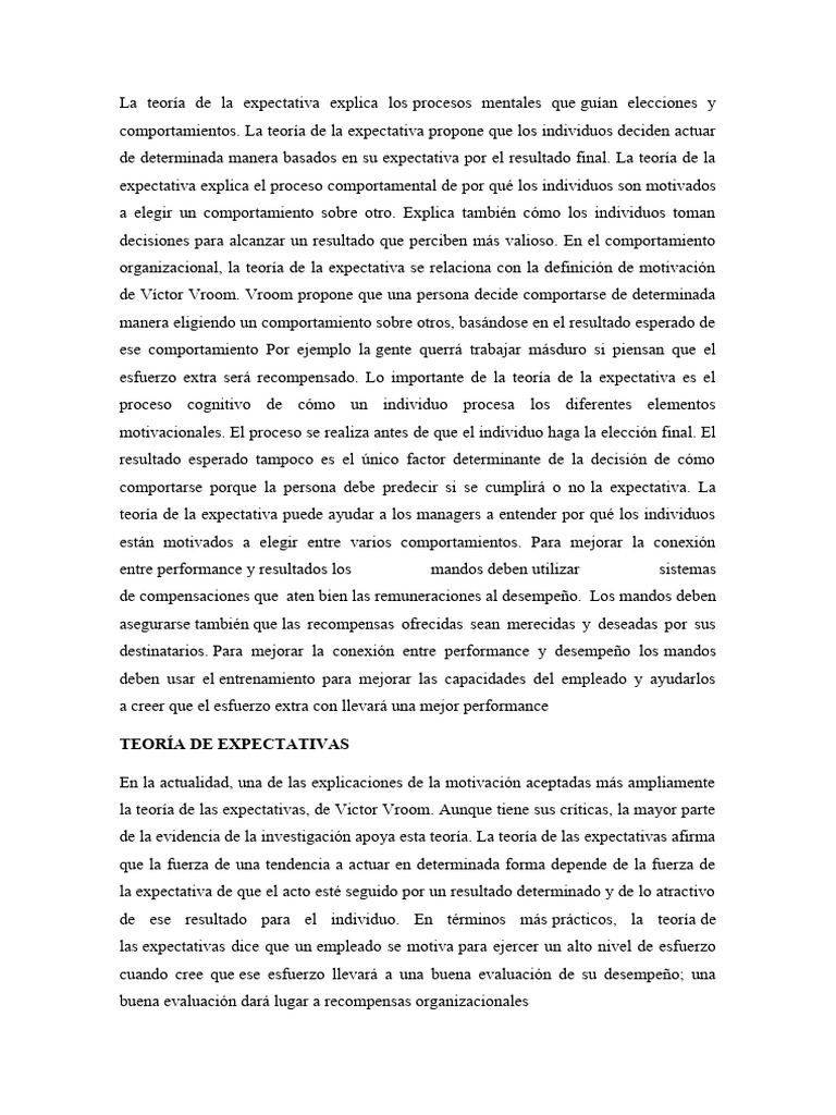 La Teoría de La Expectativa Explica Los | PDF | Motivación | Motivacional