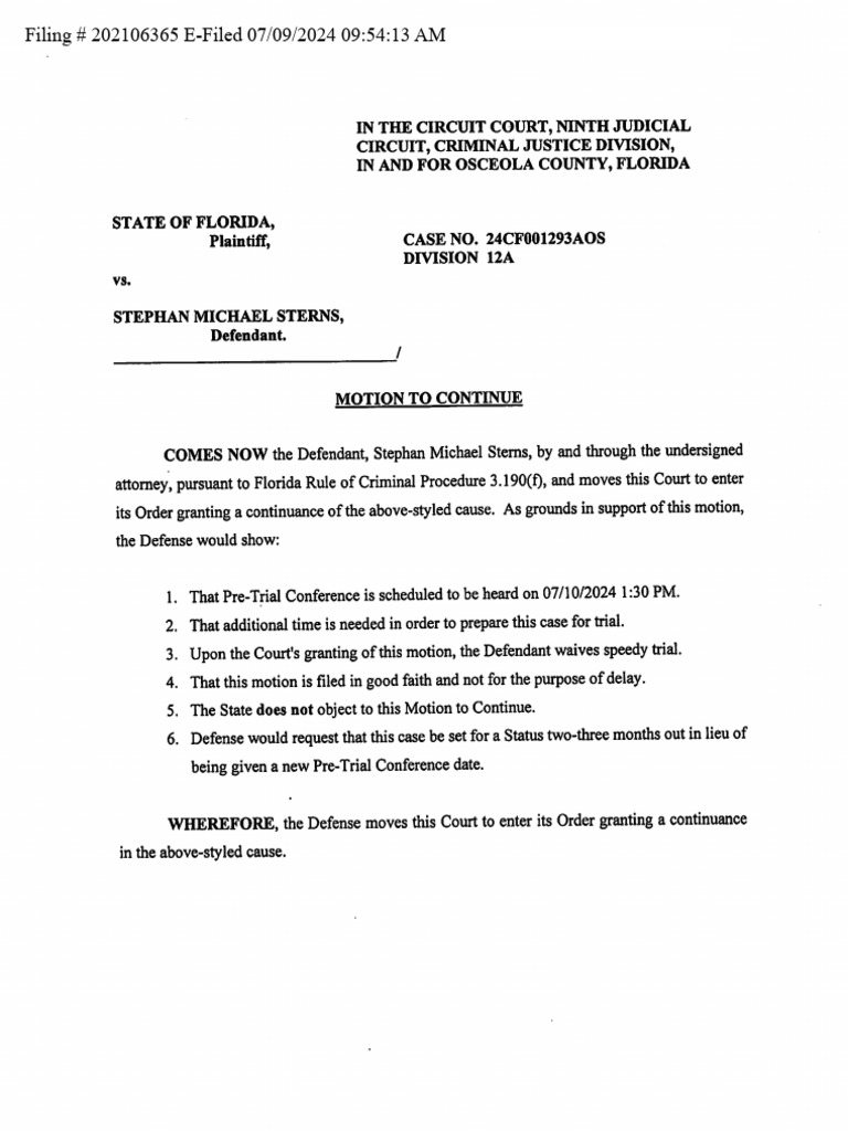 Motion To Continue - Stephan Sterns | PDF