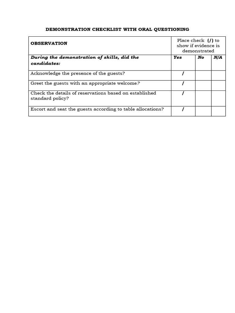 10 Demonstration Checklist With Oral Questioning | PDF