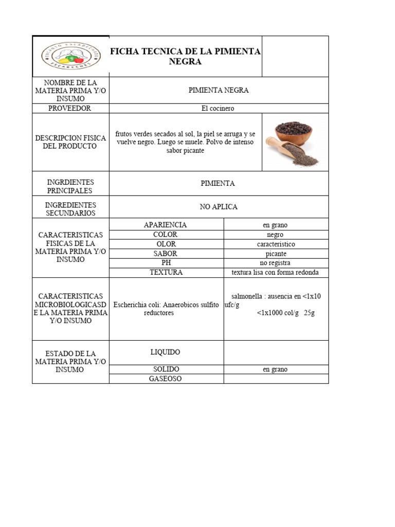 Ficha Tecnica de Los Insumos Escabeche | PDF | Ingredientes de comida ...