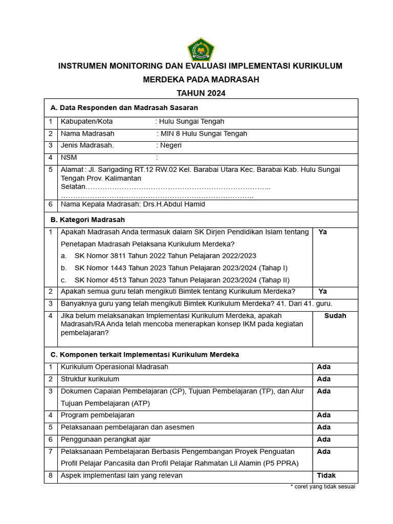 2024 Instrumen Monev Implementasi Kurikulum Merdeka Pada Madrasah - Rev | PDF