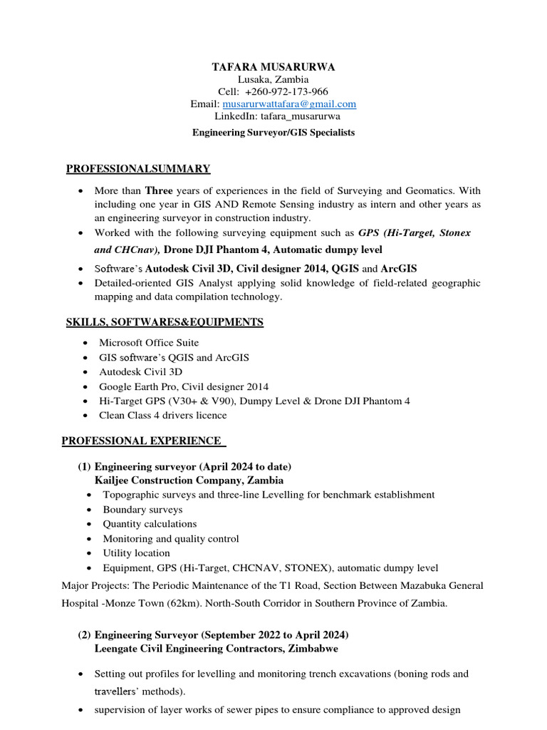 Tafara Musarurwa CV | Download Free PDF | Surveying | Geographic Information System