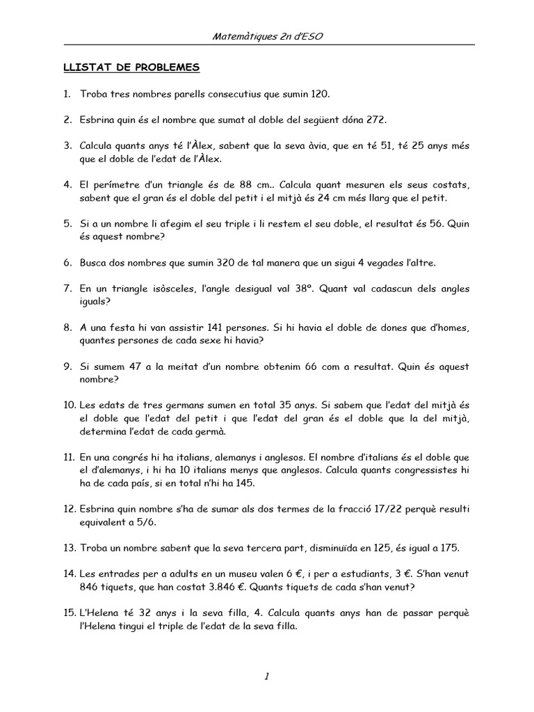 Problemes 2n Enunciats Equacions de Primer Grau1 | PDF