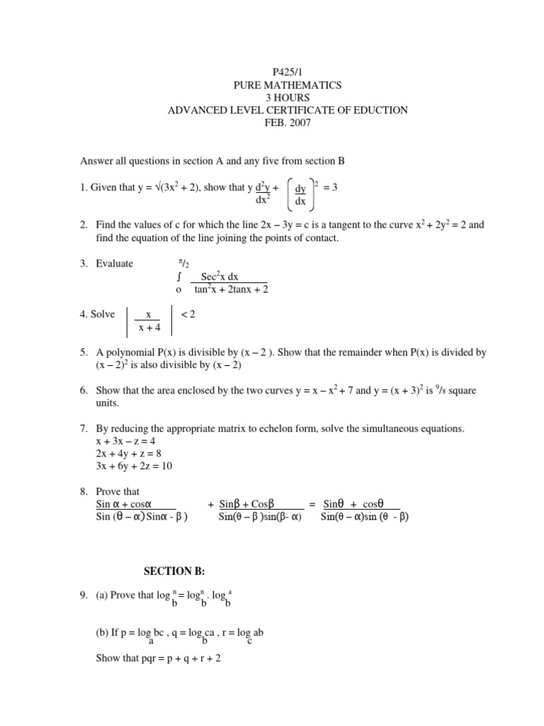 ALEVEL Math Pepr 1 Set 23 | PDF | Mathematics | Mathematical Physics