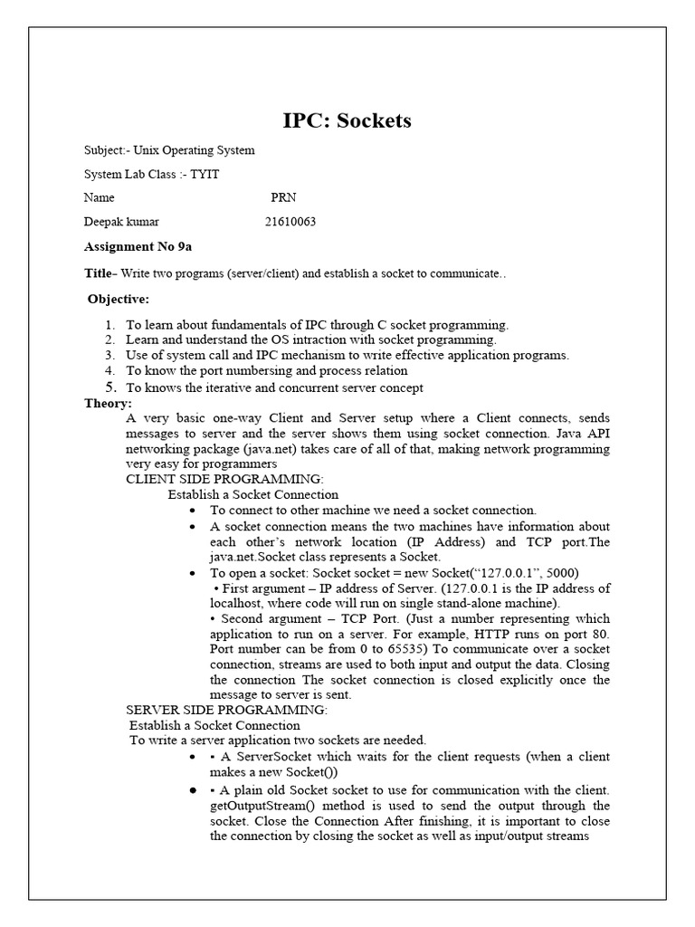 IPC: Sockets: Assignment No 9a Title Objective | PDF | Network Socket | Port (Computer Networking)
